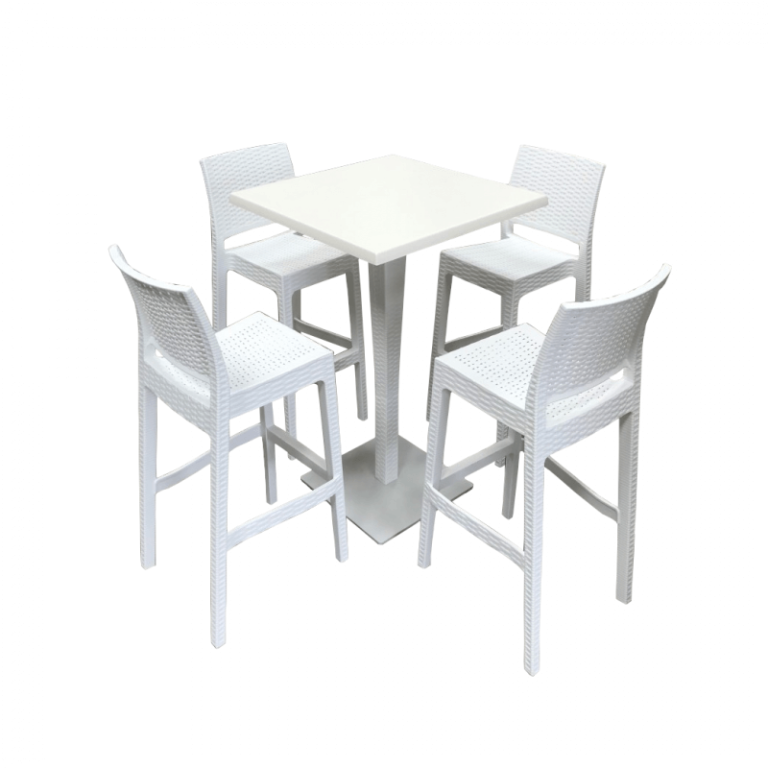 Hire: White Rattan Poseur Table and Stools Set